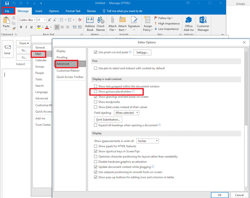 images displaying blank white in outlook 2016 o365 - Microsoft Q&A