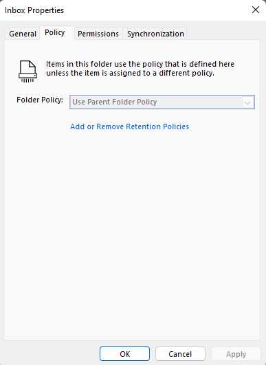 How/where do I find the 'Use Parent Folder Policy' regarding when emails are deleted ...