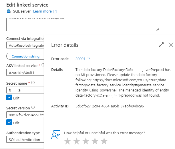 Error In Linked Service Connected To Azure Sql Db Using Azure Key Vault Microsoft Qanda