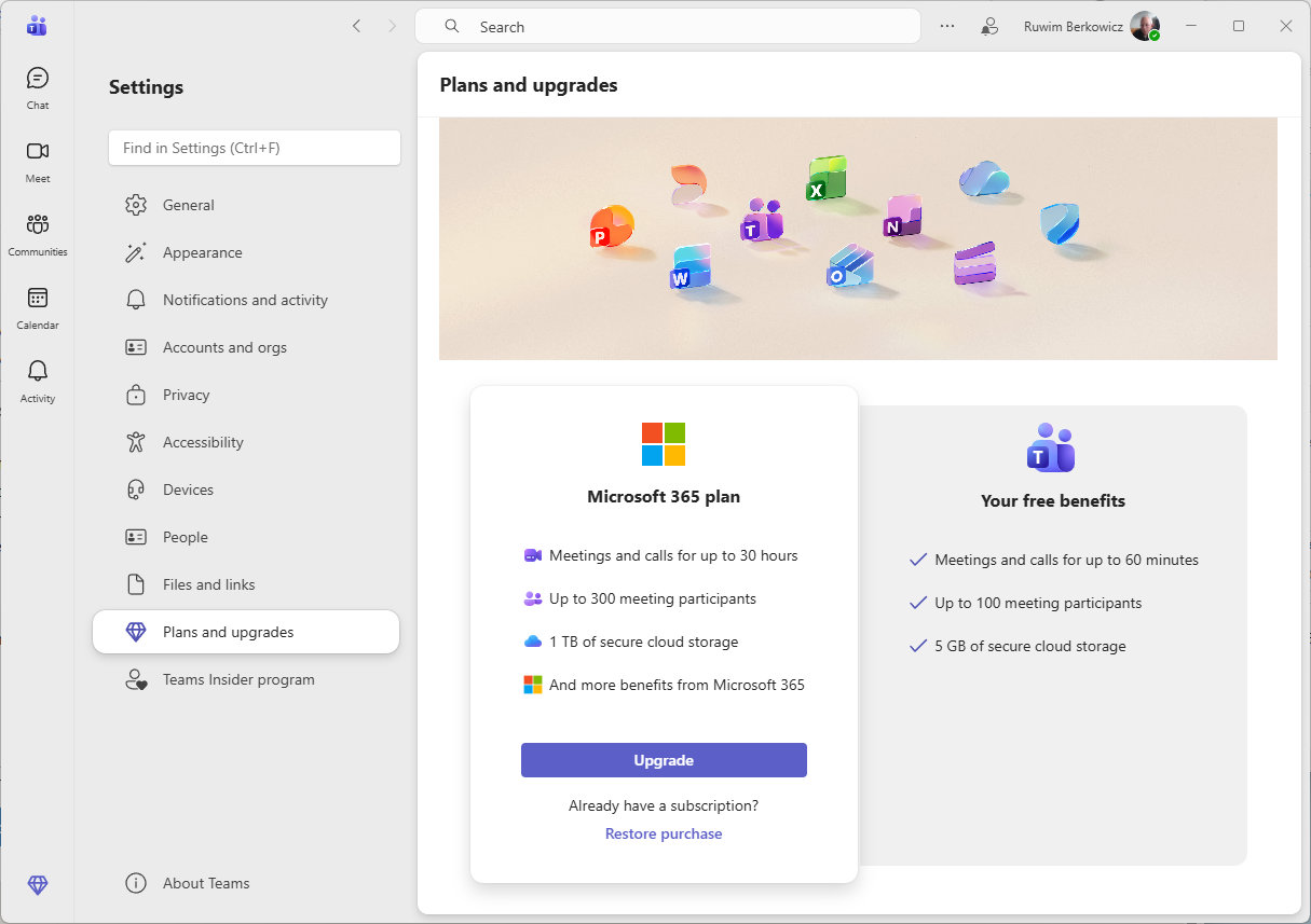 How can I get Teams to reflect my Microsoft 365 Family Plan benefits ...