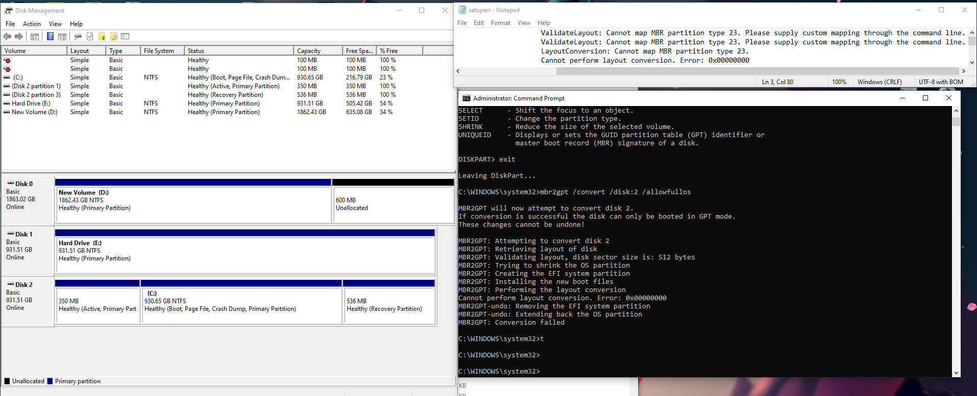 Unable to convert disk partition to GPT, cannot perform layout conversion Error: 0x00000000 ...