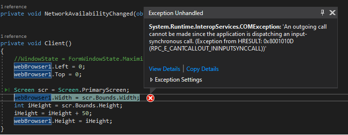 System.Runtime.InteropServices.COMException：“由于应用程序正在调度输入同步调用，因此无法进行传出调用。 （HRESULT 异常：0x8001010D ...