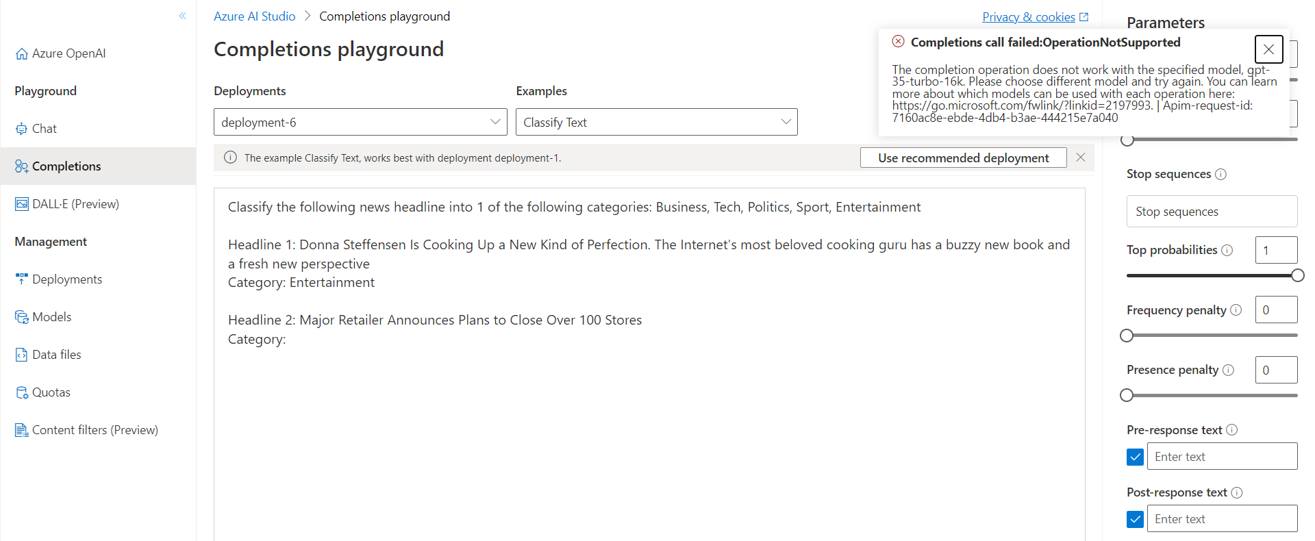 GPT-35-TURBO failing via API and playground - Microsoft Q&A