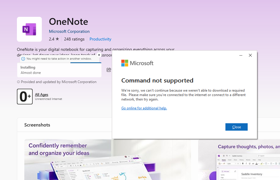 one note installation from store => command not supported - Microsoft Q&A