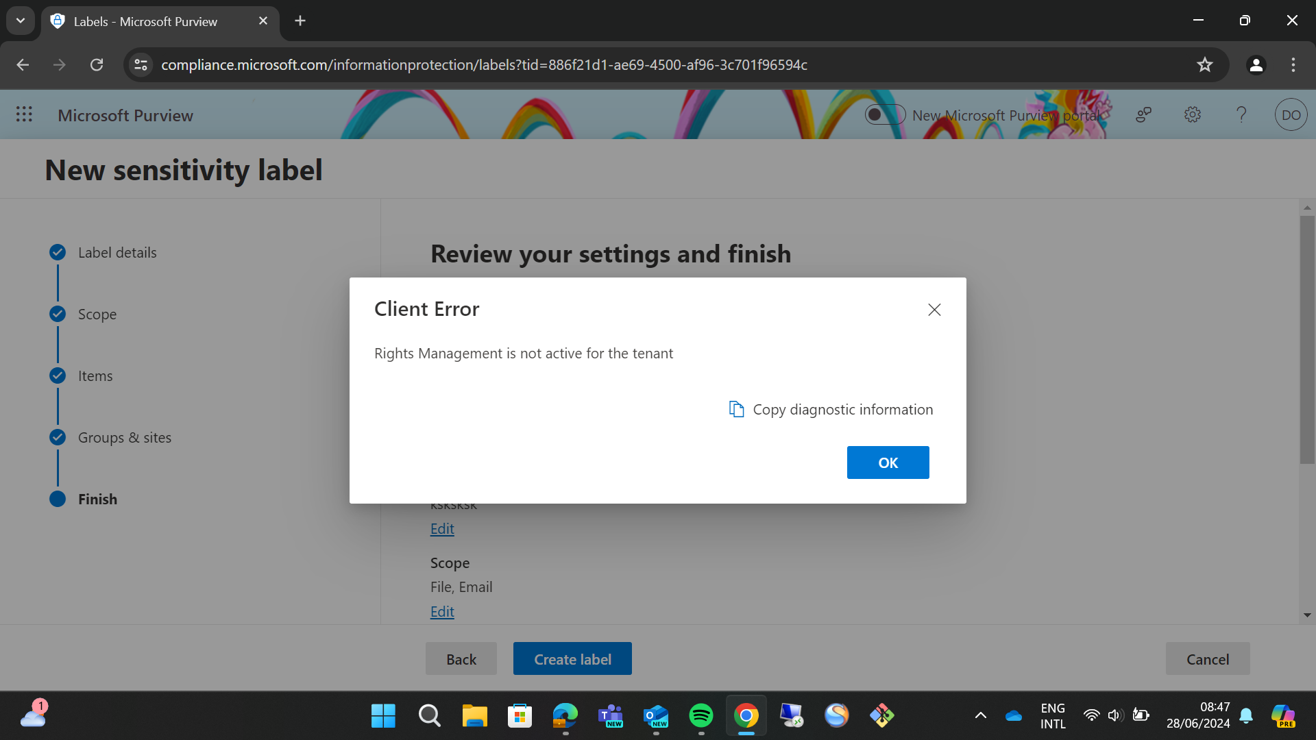 How to fix the below error when creating sensitivity labels, below is ...