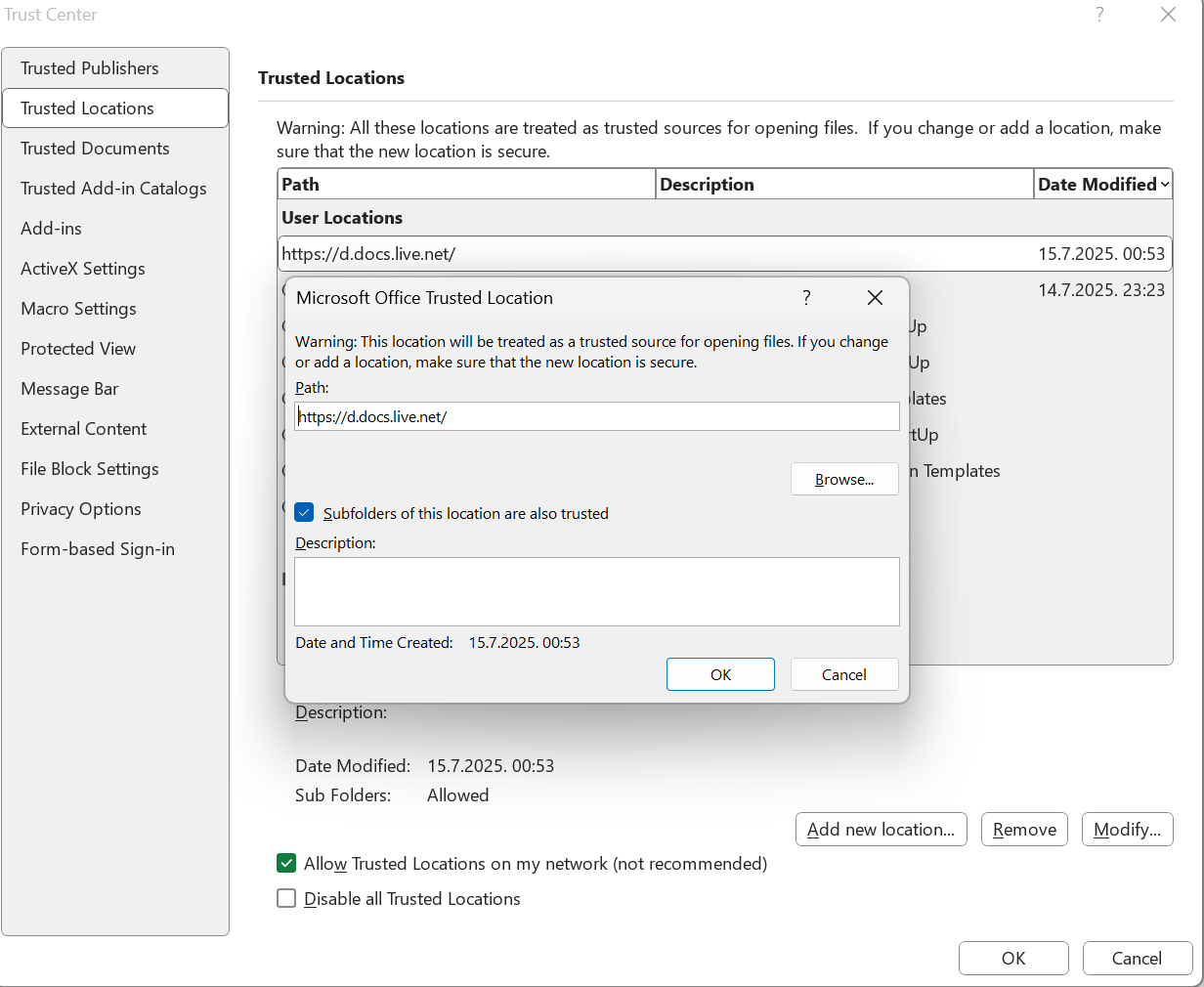 I made a 'OneDrive - Personal' folder a trusted location, enabled the 'Allow Trusted Locations ...