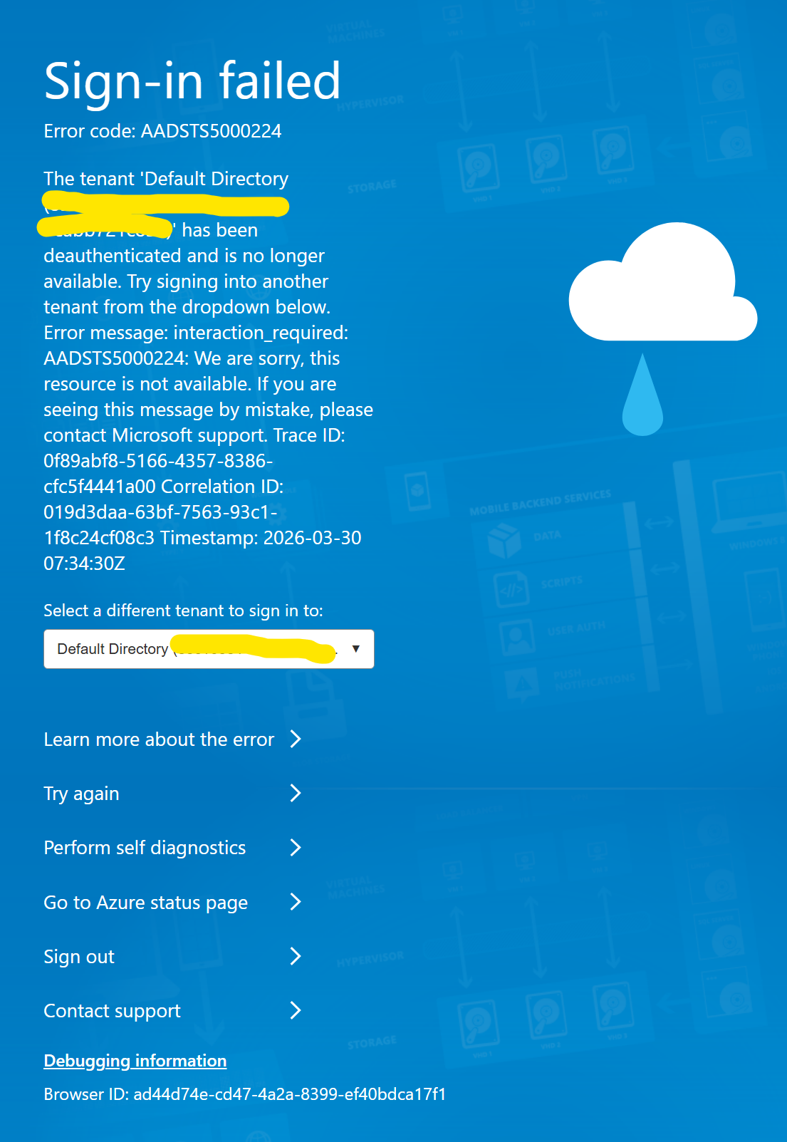 Error code: AADSTS5000224 The tenant has been deauthenticated and is no ...