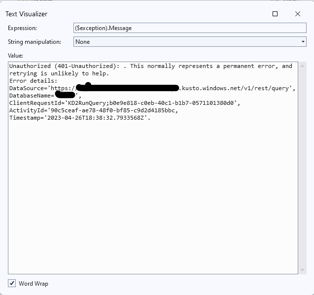 Azure Data Explorer Kusto Query Unauthorized Error Querying From An