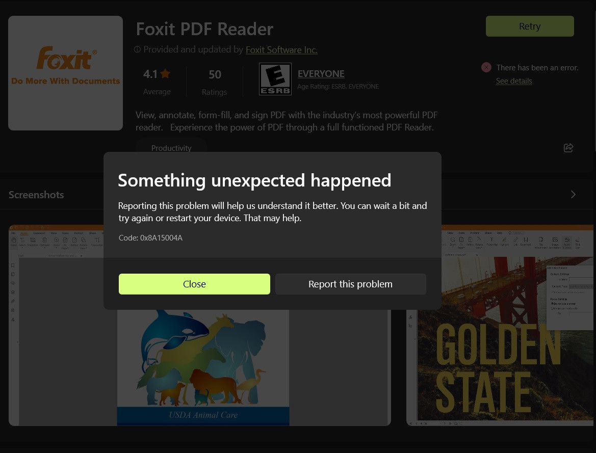 Error 0x8A15004A while trying to install Foxit Reader from MS Store. - Microsoft Q&A