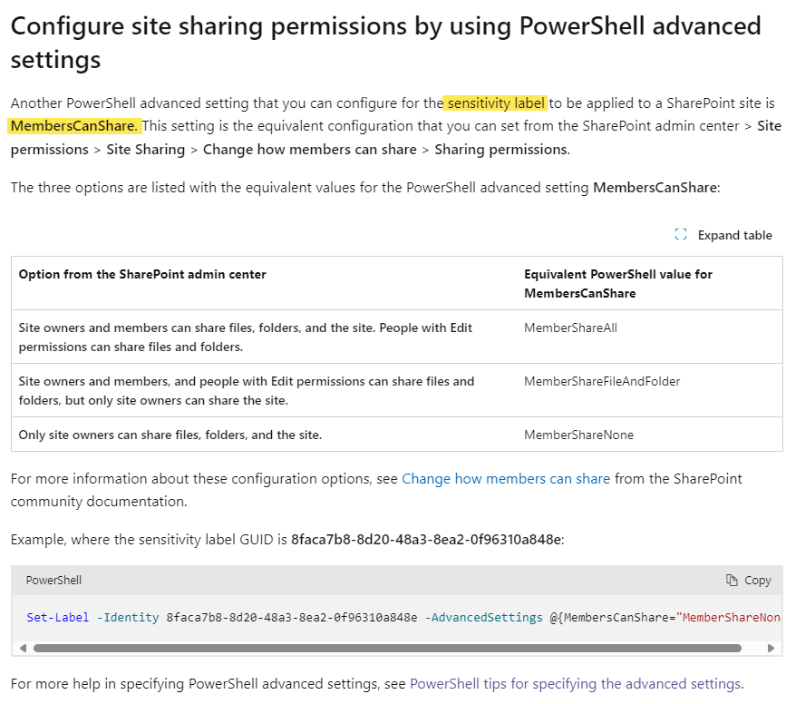 Microsoft Purview sensitivity label applied to groups not working advanced setting "Site Sharing ...