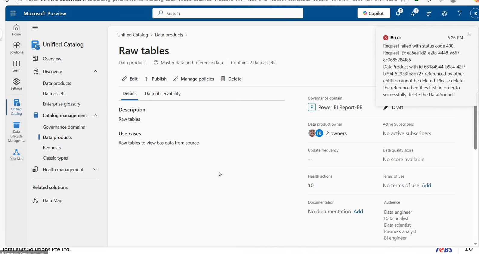 Unable to delete data product in MS Purview - Microsoft Q&A