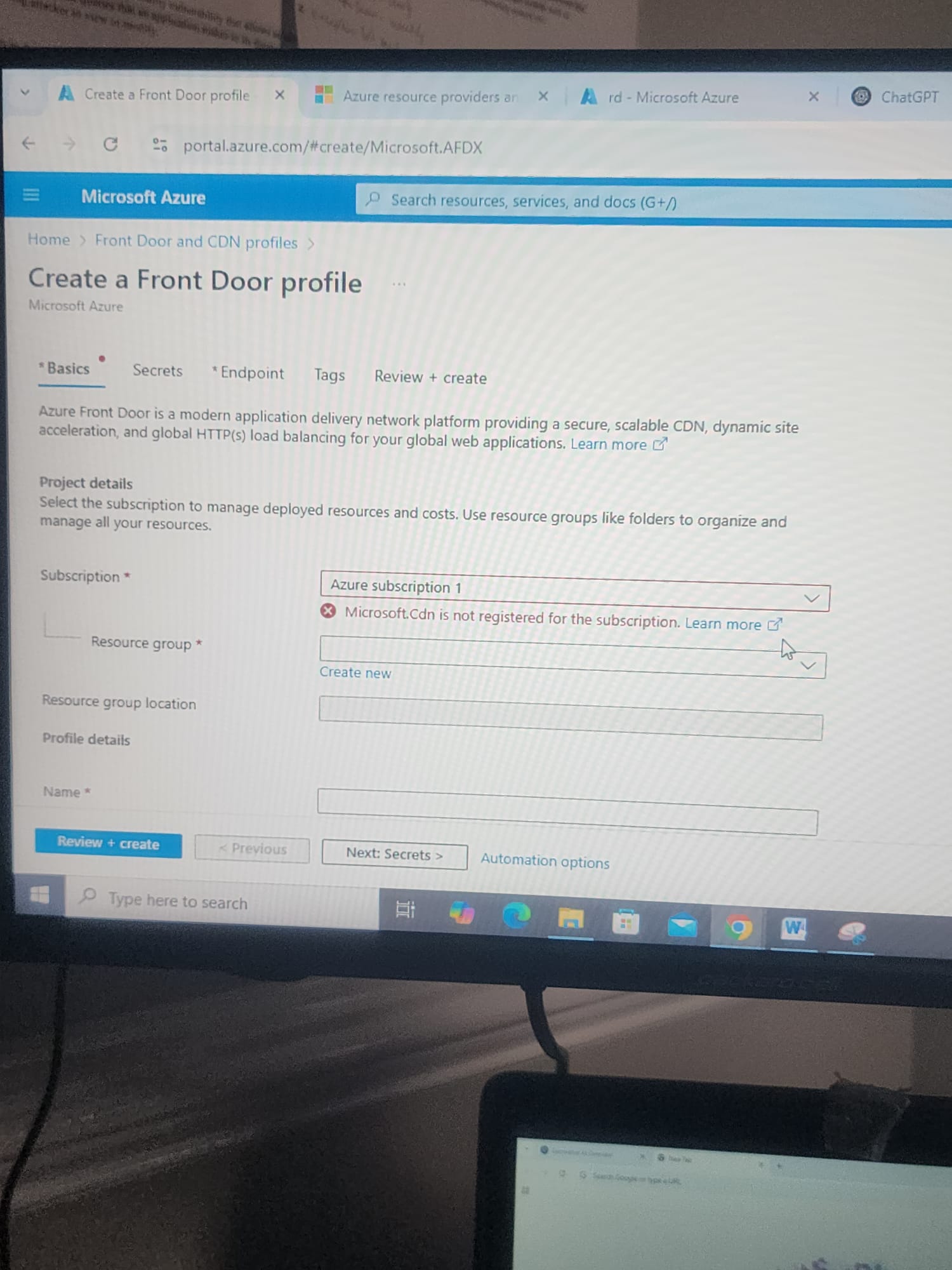 When i am going to create azure front door it gives me following error ...