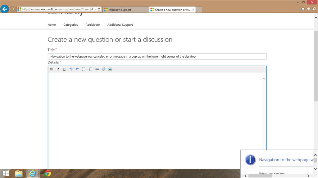 Navigation to the webpage was canceled error message in a pop up on the lower right corner of ...