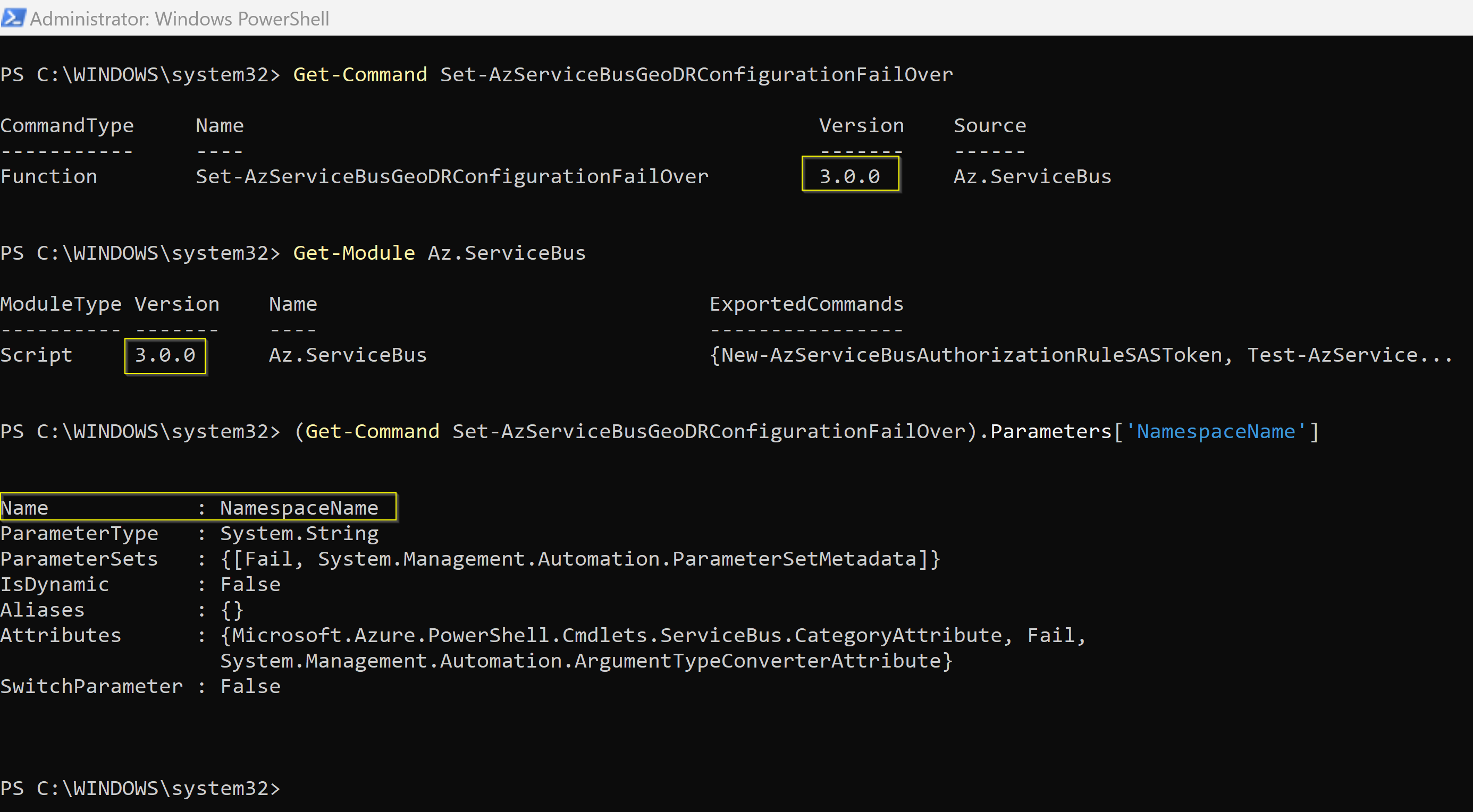 Set-AzServiceBusGeoDRConfigurationFailOver error in Azure automation ...