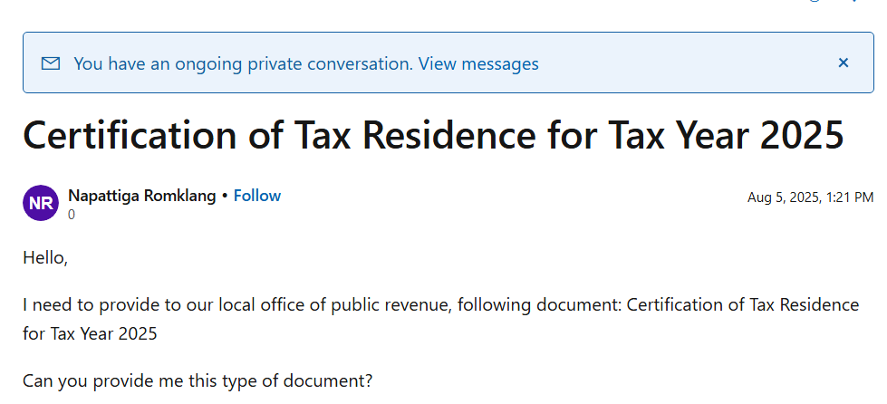 Certification of Tax Residence for Tax Year 2025 - Microsoft Q&A