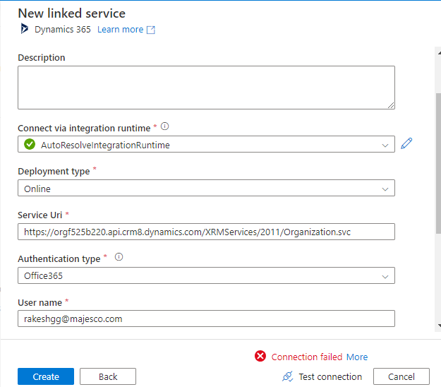 Error while creating linked service from Synapse to Dyanamics 365 - Microsoft Q&A