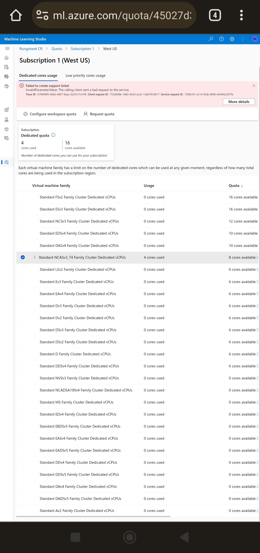 Request quota error 400 - Microsoft Q&A