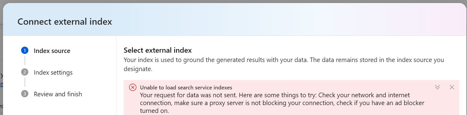 Azure AI studio - Unable to load search service indexes - Microsoft Q&A