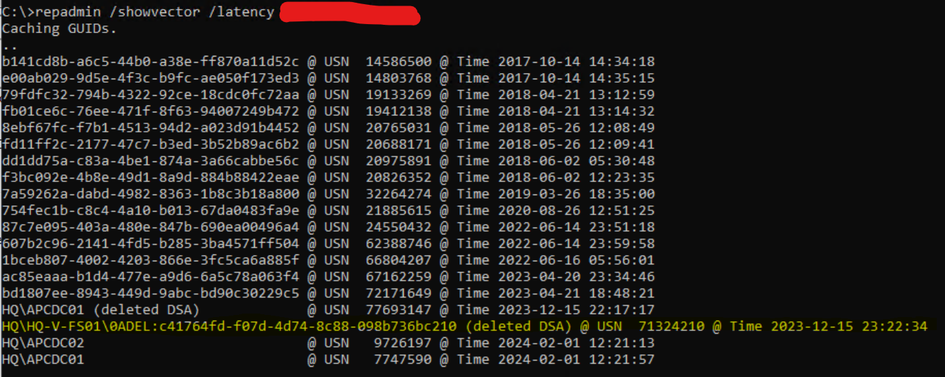 How can I remove the old DC from the 'showvector /latency dc=xxx,dc=xxx ...