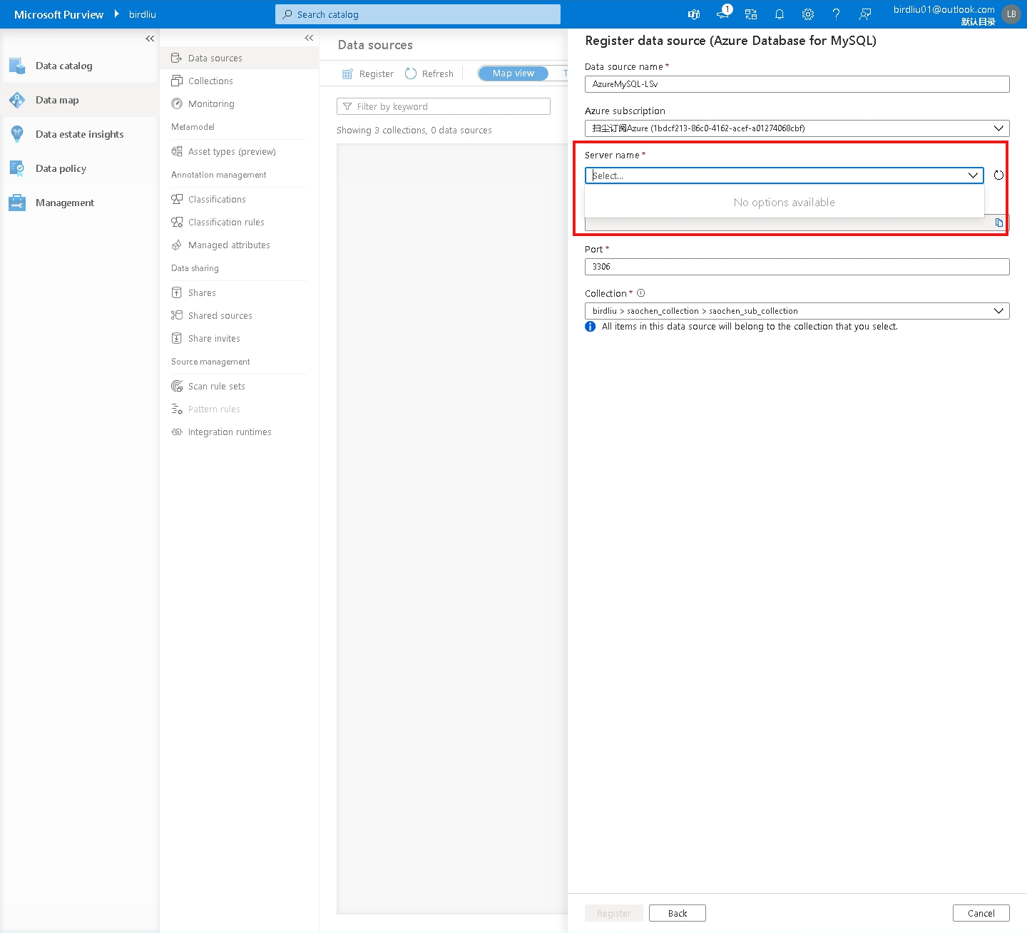 I can't set my Azure mysql as DataSource in Purview - Microsoft Q&A