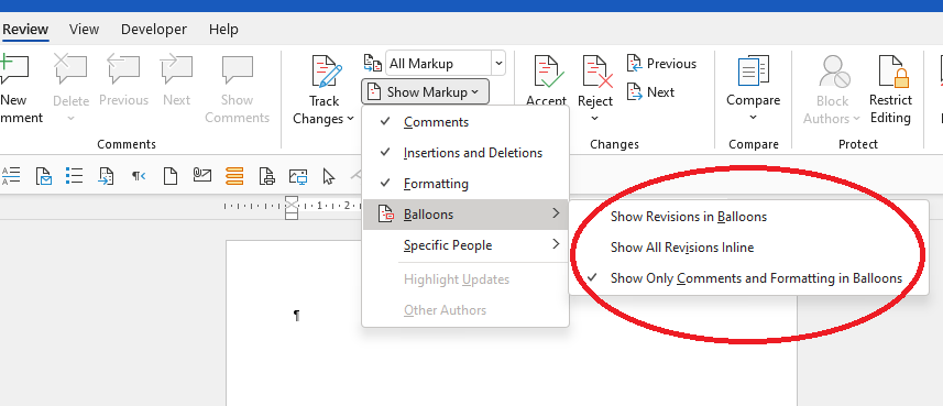 Office 365 - Default view to "Show Markup" --> Balloons --> Show ...