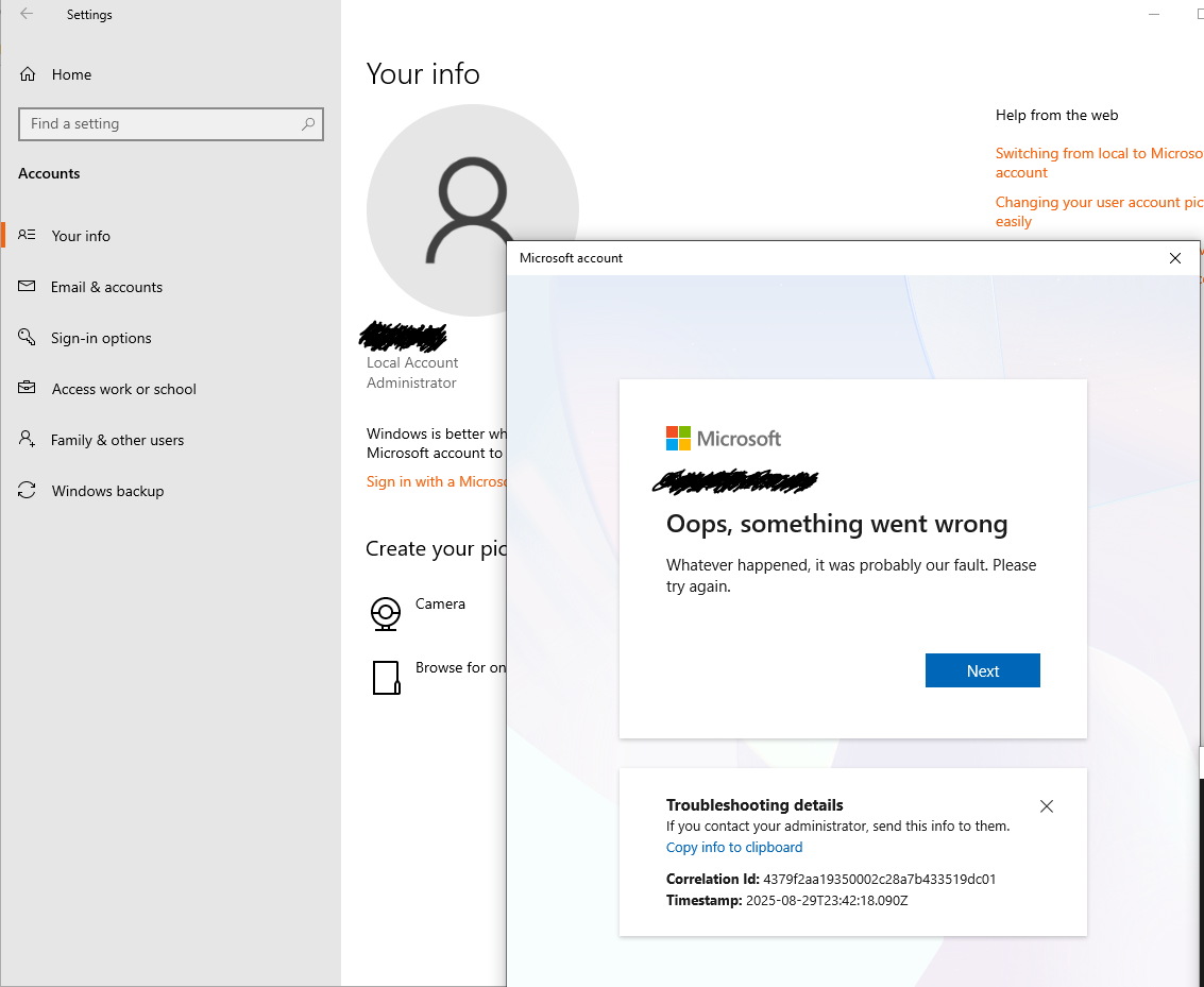 Win10 unable to log into MS account from an older local account ...