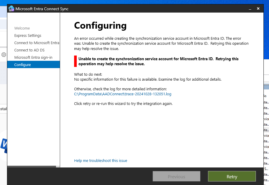 Unable to create the synchronization service account for Microsoft ... Unable to create the synchronization service account for Microsoft ...