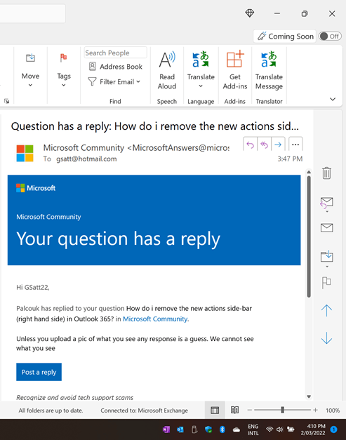 How do i remove the new actions side-bar (right hand side) in Outlook ...