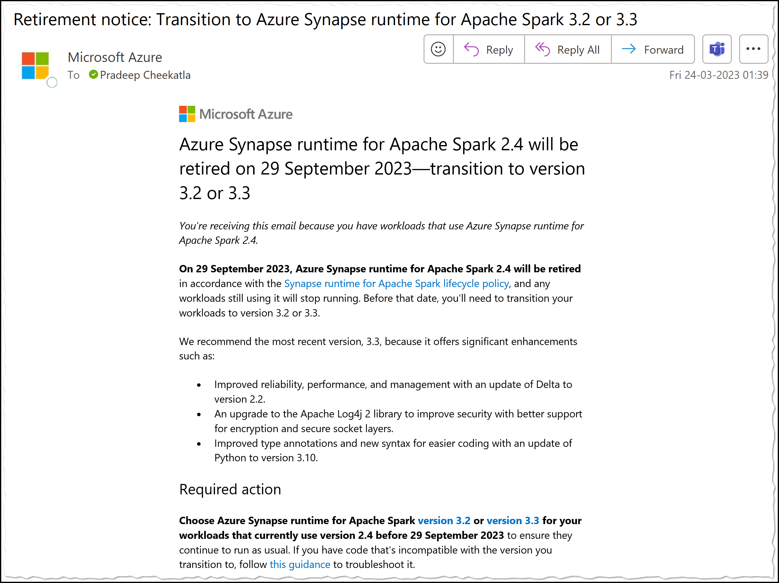 Why did I get a retirement notice for Azure Synapse runtime for Apache Spark 2.4? - Microsoft Q&A