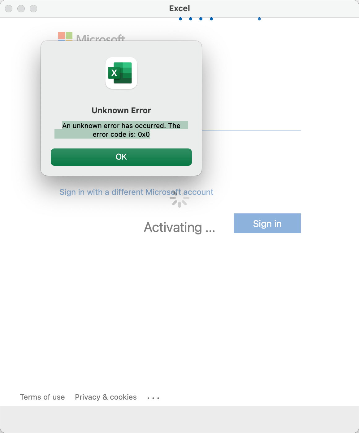 Excel - This happens when trying to sign in and activate excel: An ...