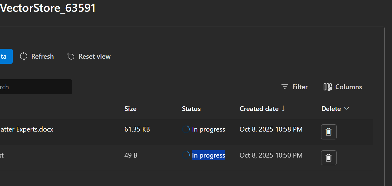 Azure OpenAI - Adding file to vector store stuck in Progress ...