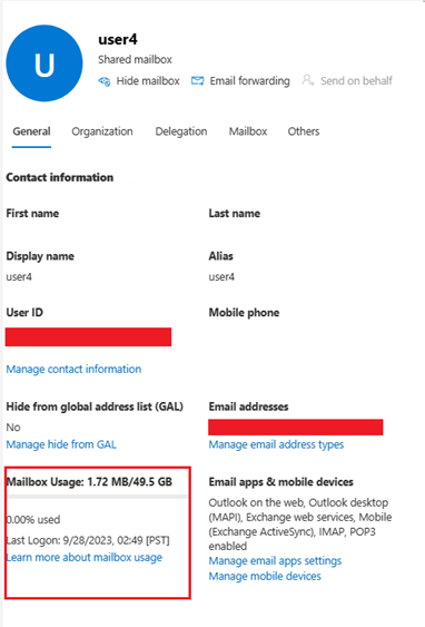 I don't see some properties in the user mailbox of my domain ...