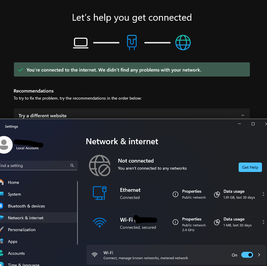 connected to internet but not network? - Microsoft Q&A