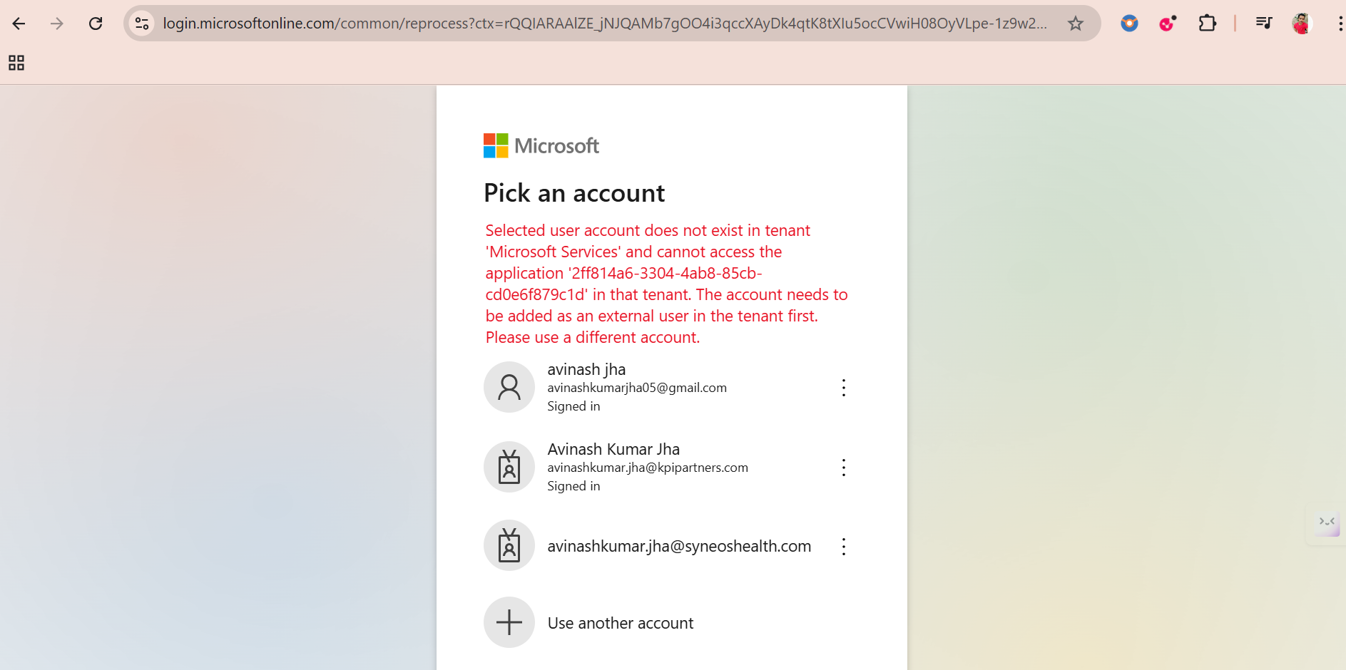 How to resolve this error "Selected user account does not exist in tenant 'Microsoft Services ...