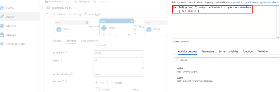 Web Activity gives Error Code 2108....but same API call works fine in ...