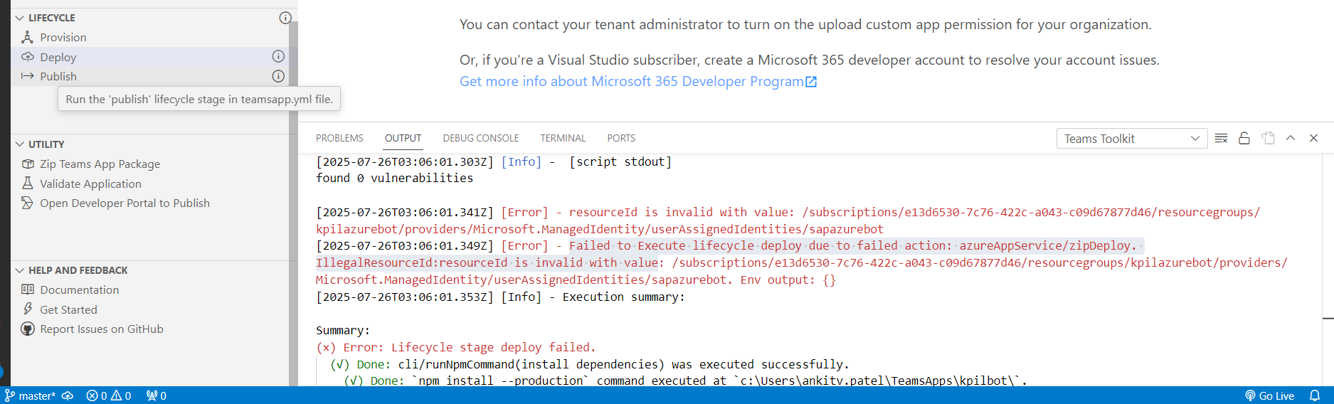 Failed to Execute lifecycle deploy due to failed action: azureAppService/zipDeploy ...