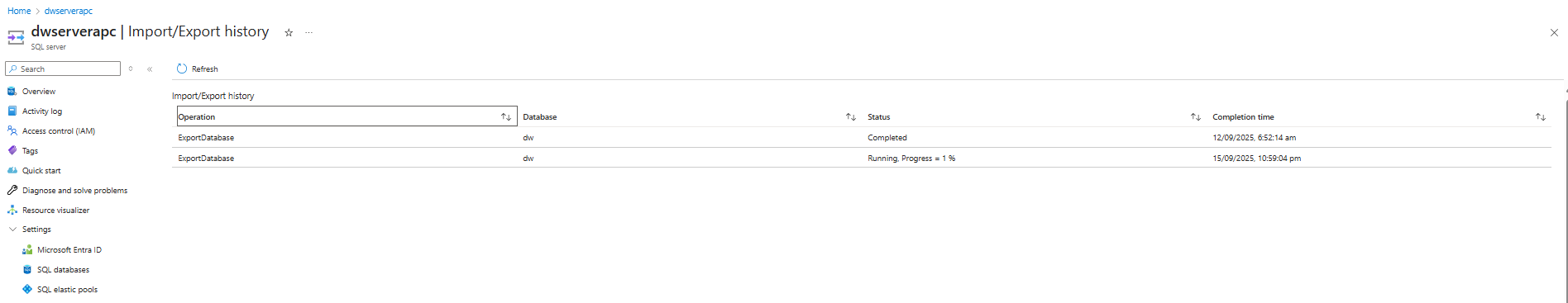 Delete azure sql backup export - Microsoft Q&A
