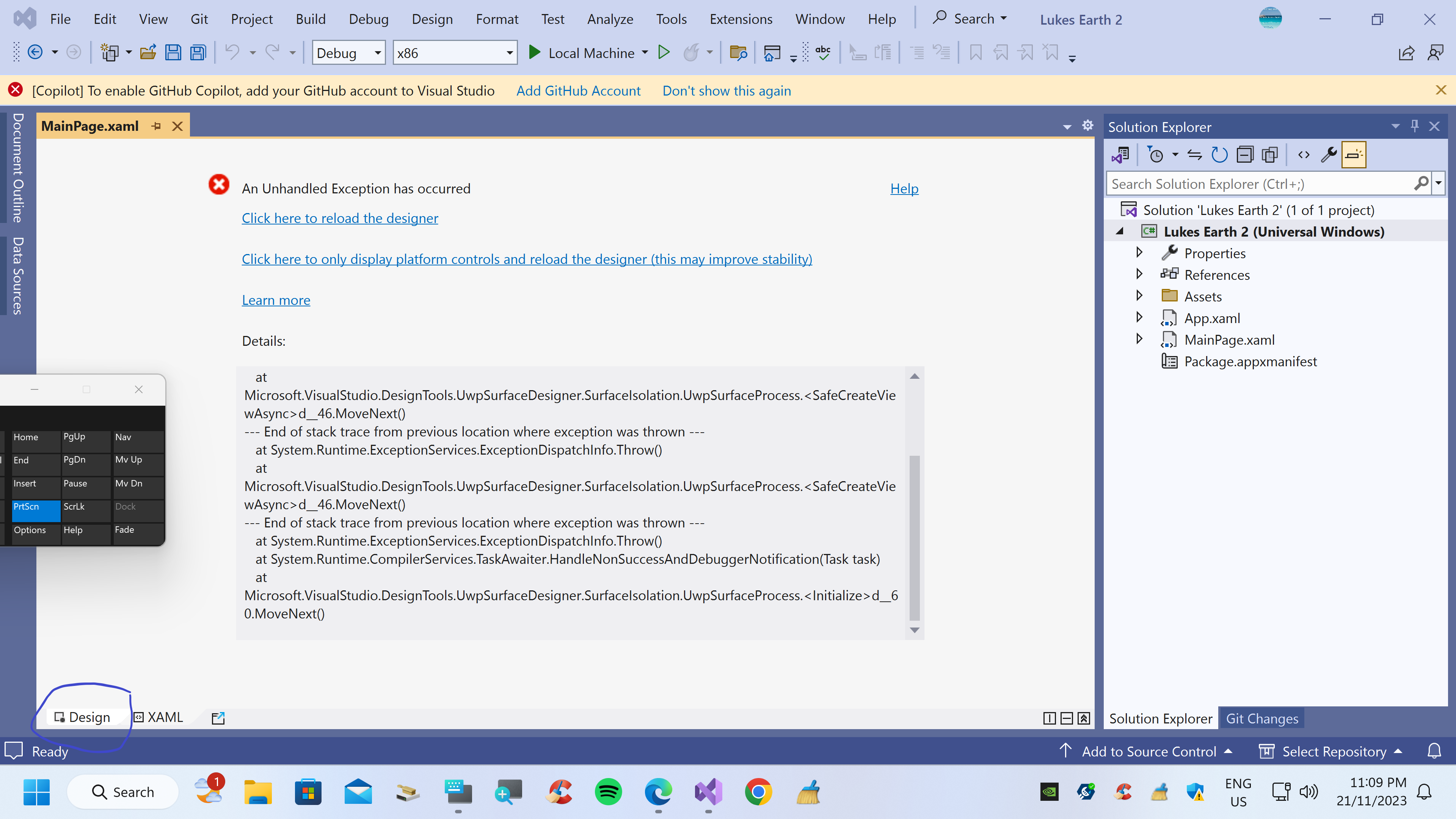 On my visual studio community 2022 I have this error on my uwp app on Design on MainPage.xaml ...