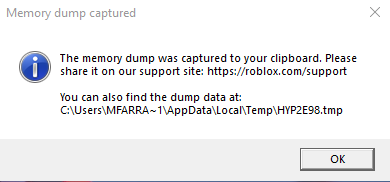 Roblox Has Encountered Unexpected Error Click OK To Create Support Files---Memory Dump Error ...