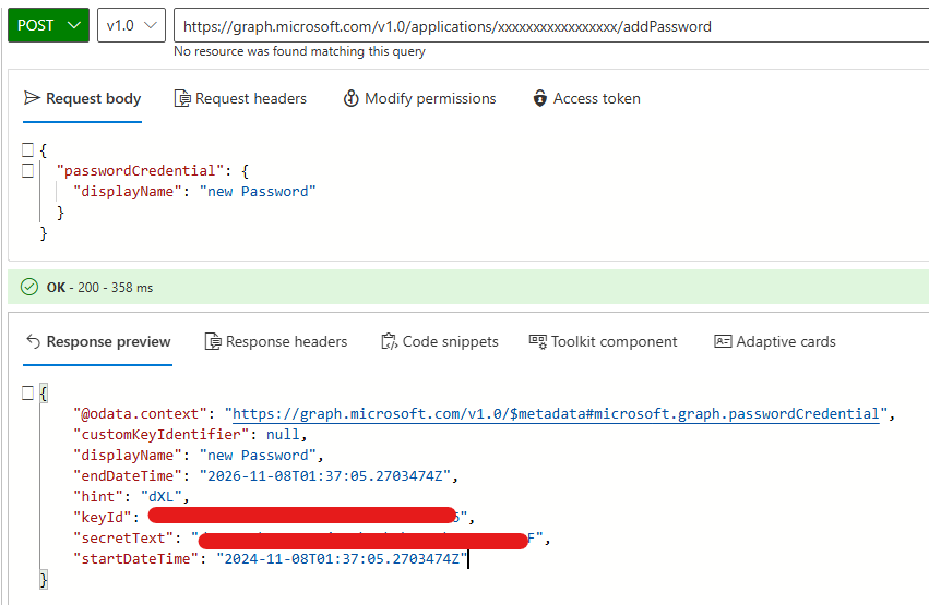 Insufficient privileges to perform "addPassword" operation to app registration using "graph ...