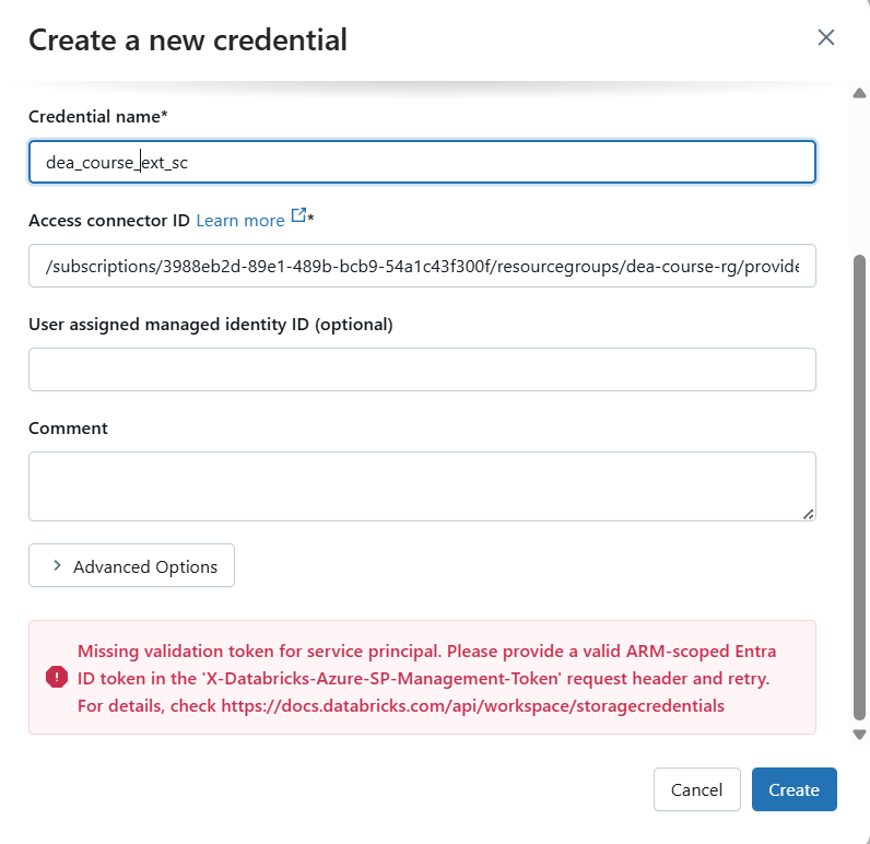 Error creating service credentials from Access Connector in Azure Databricks - Microsoft Q&A