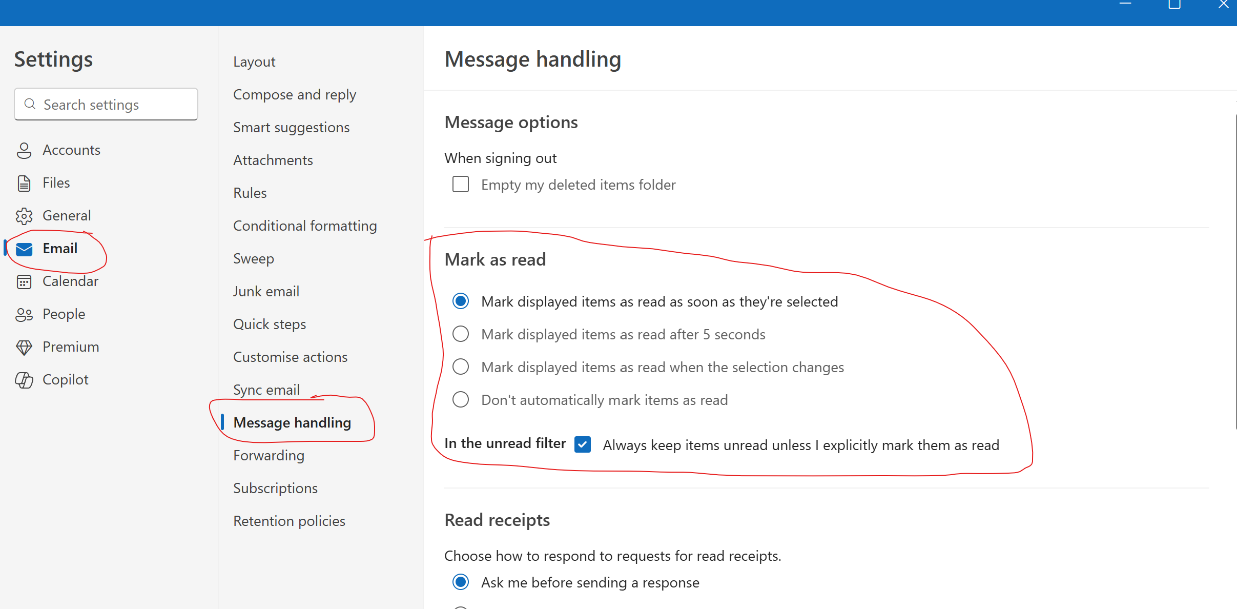 New Outlook-Emails go to READ without me actually opening up the email ...