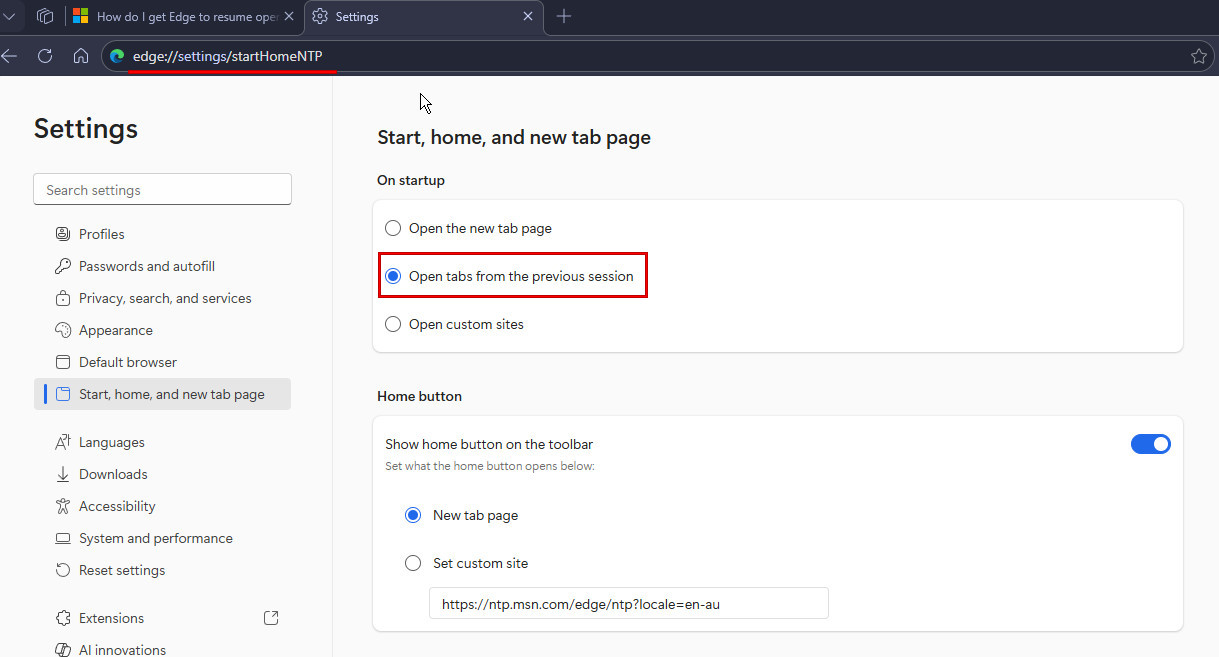 How do I get Edge to resume open tabs upon Startup? - Microsoft Q&A