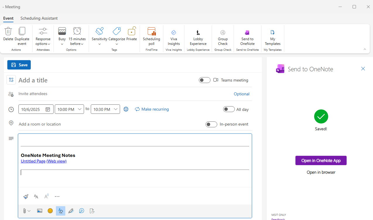 Error when using the Send to OneNote feature on meetings/emails in the ...