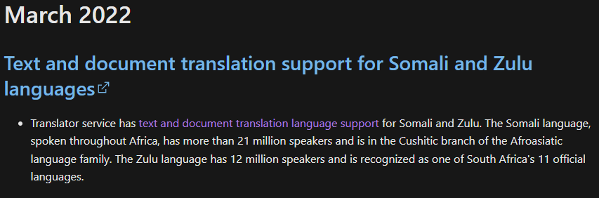 Somali availability in Custom Translator - Microsoft Q&A