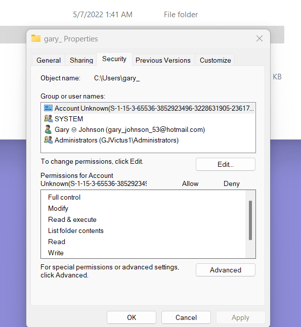 Windows 11 Account Unknown for my user directory - Microsoft Q&A