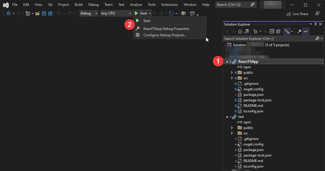 Visual Studio 2022 - React - Debug options grayed out (previously working) - Microsoft Q&A
