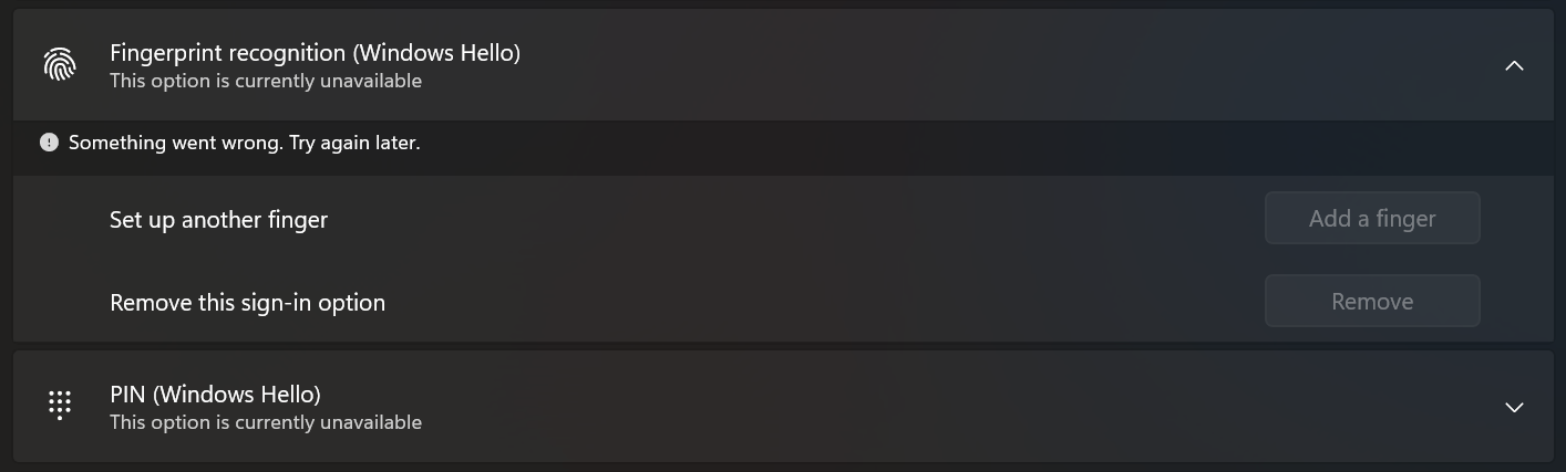 Windows Hello Fingerprint recognition "This option is currently ...