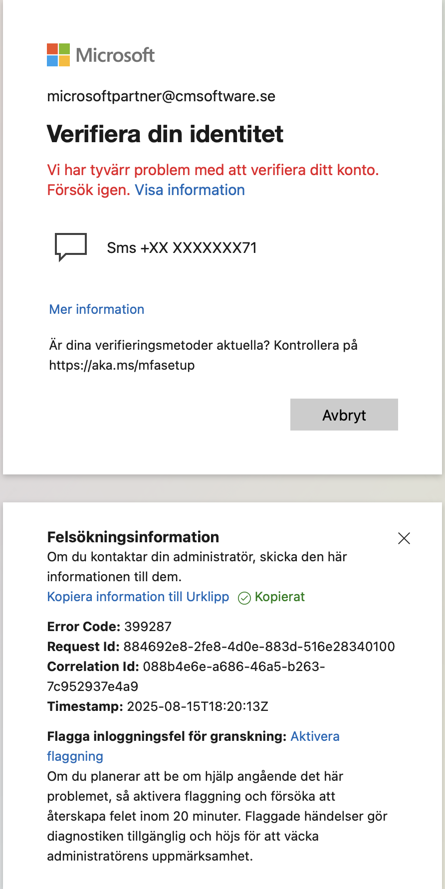 MFA SMS Error when login into Admin account - Microsoft Q&A