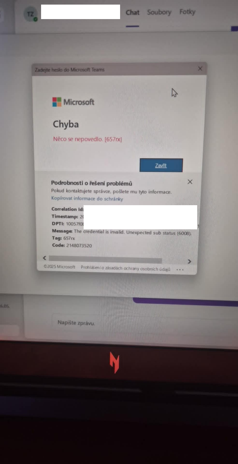 Teams mi při přihlášení hlásí chybu 657rx, kod 2148073520 - Microsoft Q&A
